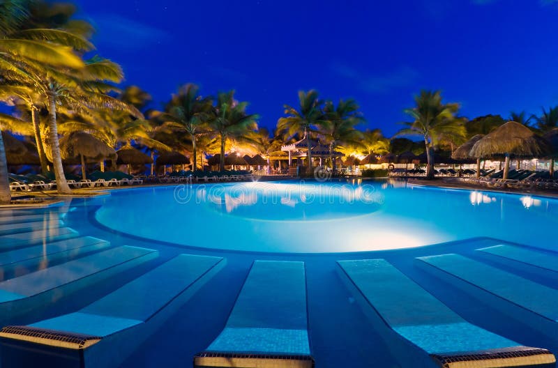 Tropical Swimming Pool at Night Stock Photo - Image of outdoor ...