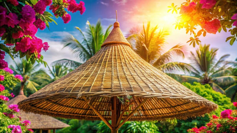 Tropical Thatched Umbrella Under Sunny Sky with Vibrant Flowers ...