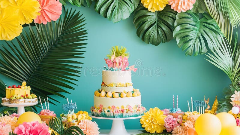 Tropical Themed Birthday Cake Dessert Table Stock Photos - Free ...