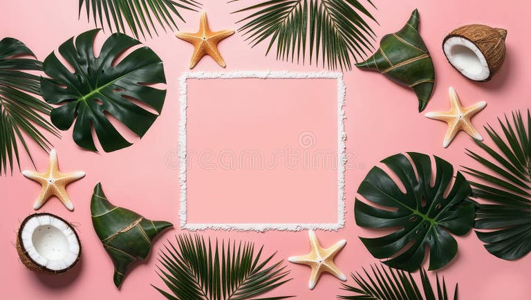 Tropical Themed Border with Leaves and Starfish on Pink Surface Stock ...