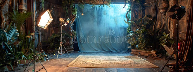 Tropical-themed Studio Set with Greenery and Lighting Stock Photo ...