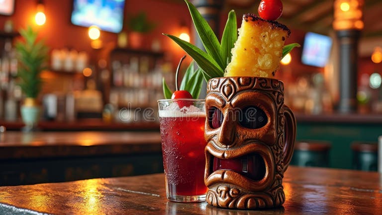 Tropical Tiki Drink with Pineapple and Cherry Garnish in Bar Setting ...