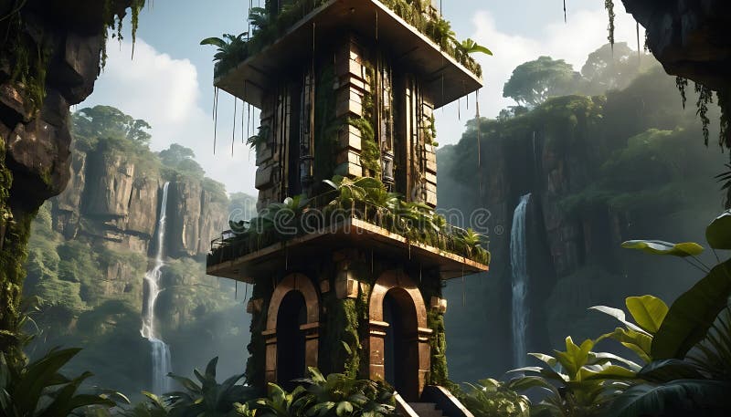 Tropical Tower Structure with Waterfall Backdrop in Lush Jungle Setting ...