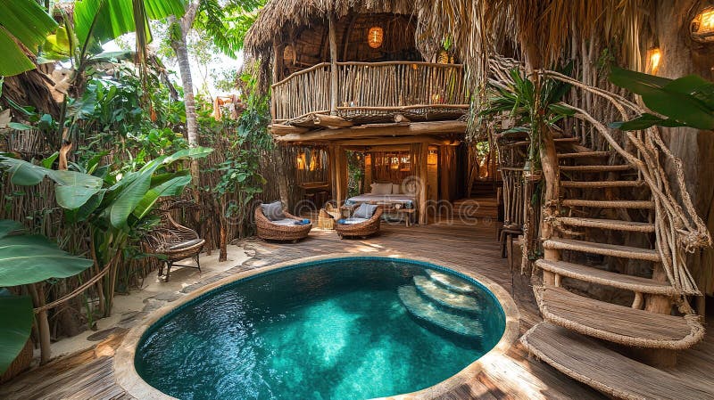 Tropical Treehouse Villa with Pool, Lush Jungle, and Interior View ...
