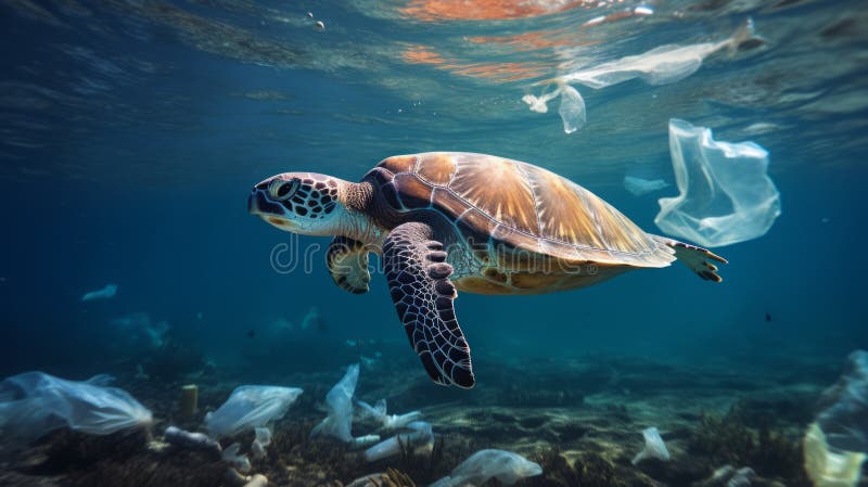 Tropical Turtle and Plastic Bag in Ocean Underwater Space. Neural ...
