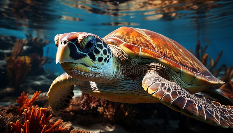 Tropical Turtle Swimming in Blue Sea, a Beautiful Sight Generated by AI ...