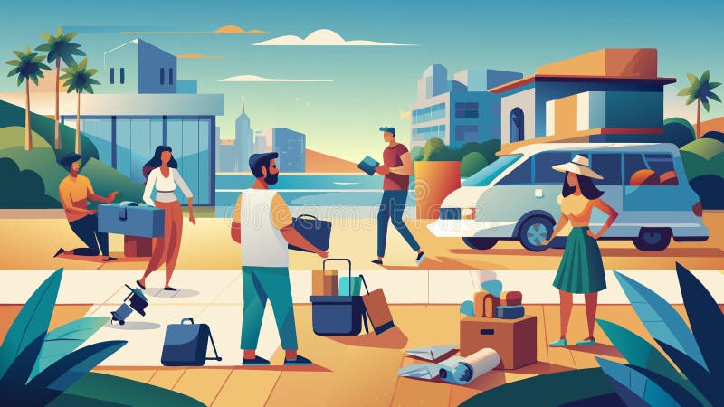 Tropical Vacation Loading: Friends Preparing for Beach Getaway Stock ...