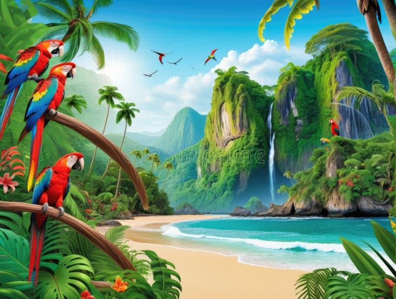 Tropical Vacation Paradise with Parrots Roosting and Flying Stock ...