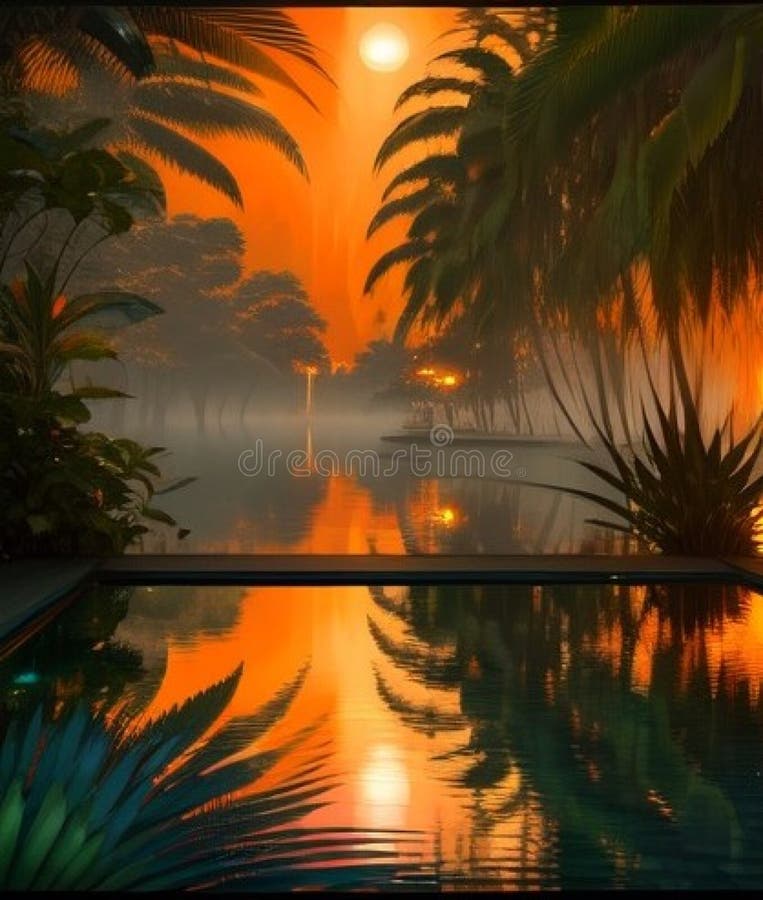 Tropical Vacation Pool Sunset Bright Orange Deep Green Stock ...