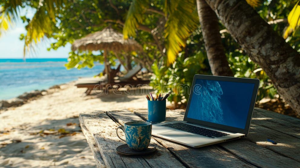 Tropical Vacation Workspace on the Beach with a Laptop Stock Photo ...