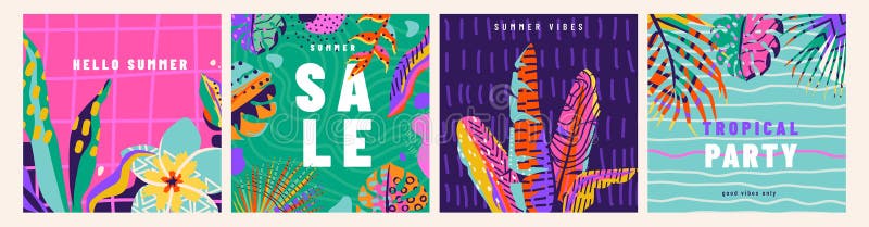 Tropical Vector Background Set. Summer Pattern with Textured Palm ...