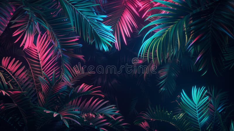 Tropical Vibes: Neon Palm Leaves in Lush Nighttime Setting Stock Photo ...