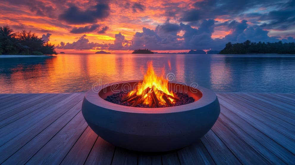 A Tropical Villa with an Infinity Pool and Fire Pit, Illuminated by the ...