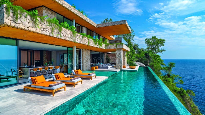 Tropical Villa with Infinity Pool and Ocean View Stock Photo - Image of ...