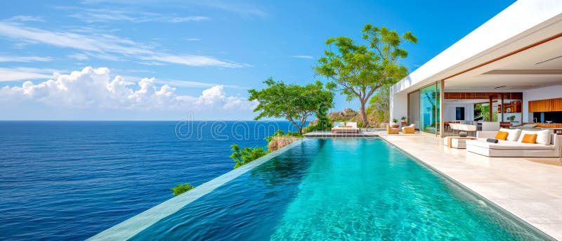 Tropical Villa with Infinity Pool and Ocean View Stock Image - Image of ...