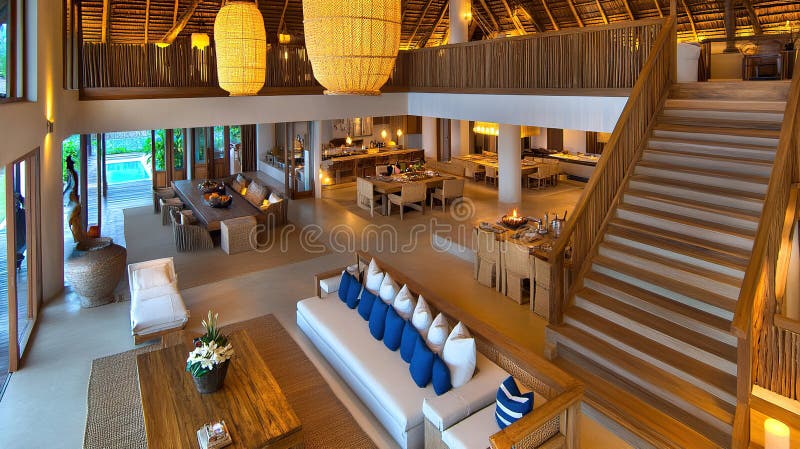 Tropical Villa S Open-plan Living, Pool View, Stairs, Luxury Stock ...