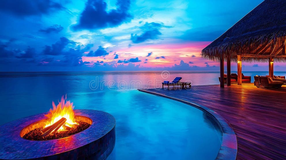 A Tropical Villa with a Sunset-illuminated Infinity Pool and Fire Pit ...