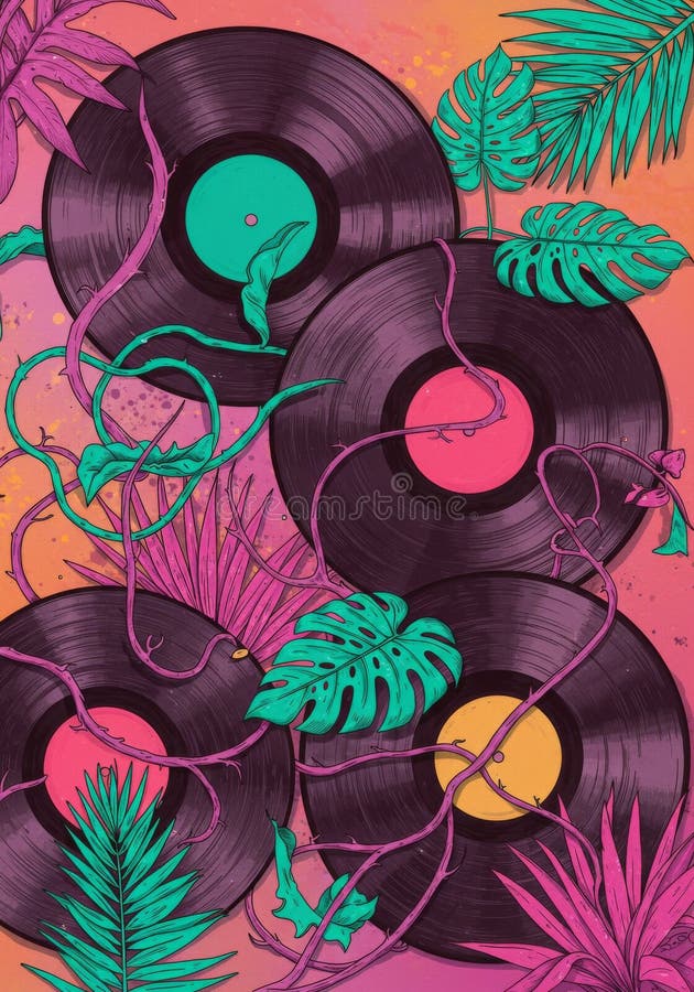 Tropical Vinyl Records and Plants Illustration Stock Illustration ...