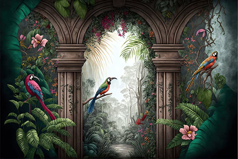 Tropical Wall Arch Wallpaper Palm Trees Birds and Parro Stock ...