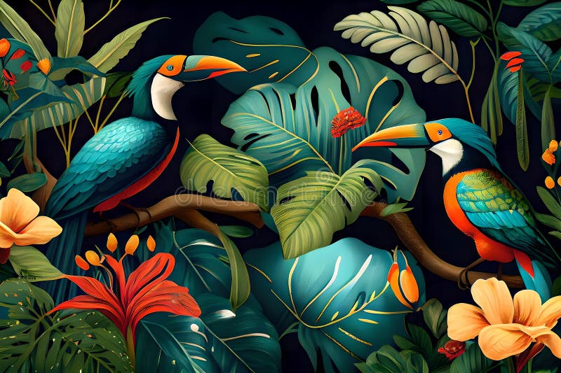 Tropical Wallpaper Background with Plants and Birds Stock Illustration ...