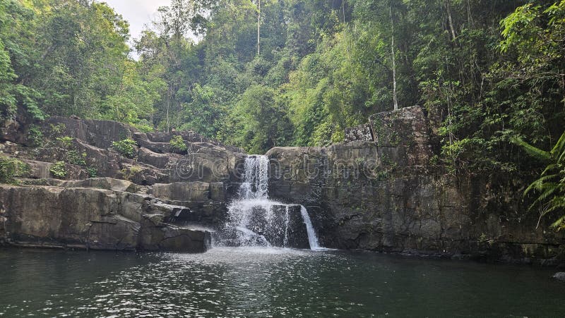 Tropical Waterfall Cascading Over Black Rock Cliffs in Jungle Stock ...