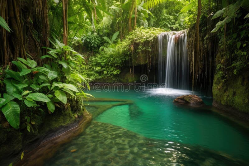 Tropical Waterfall Cascading into a Tranquil Pool of Water Stock Photo ...