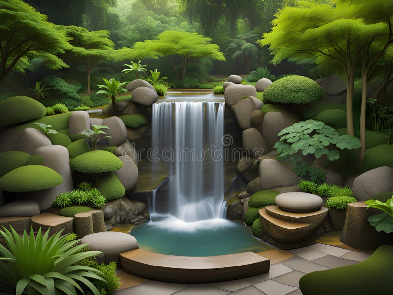 Tropical Waterfall, Exotic Tropical Forest and Jungle. 3d Rendering ...