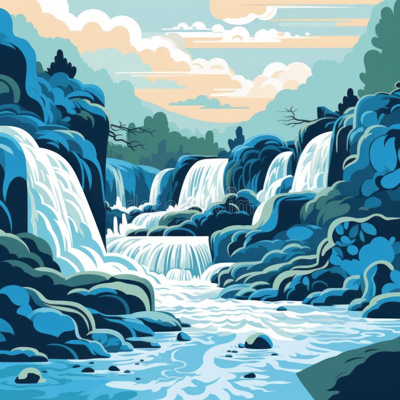 Tropical Waterfall Illustration in Sky-blue and Navy with Bold Color ...