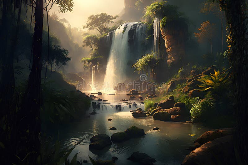 Tropical Waterfall in the Jungle. 3d Render Illustration Stock ...