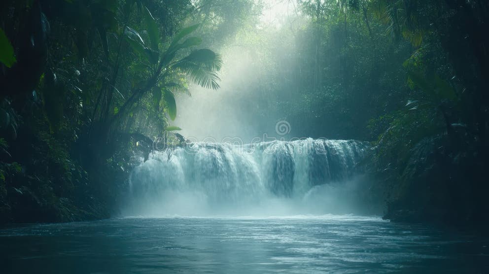 Tropical Waterfall Oasis: a Cascade of Light and Mist Amidst Lush ...