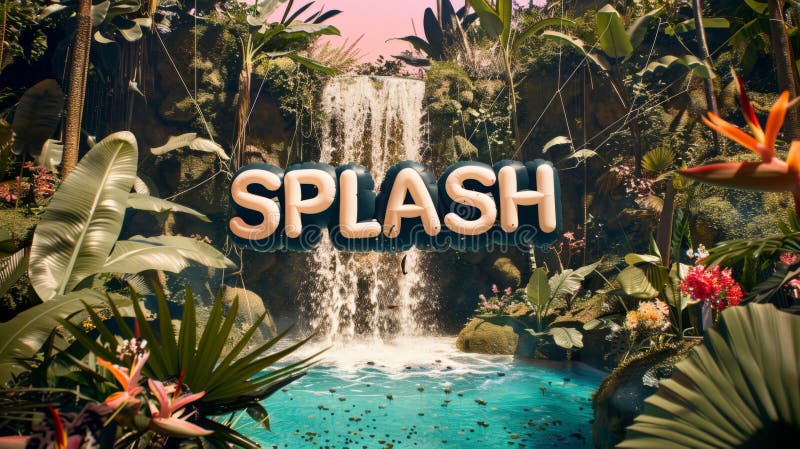 Tropical Waterfall Oasis with Splash Sign Stock Photo - Image of ...