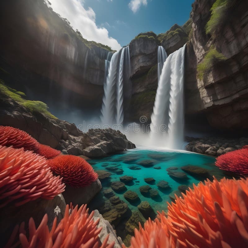 Tropical Waterfall with Red Coral Reef. Generative Ai Stock ...