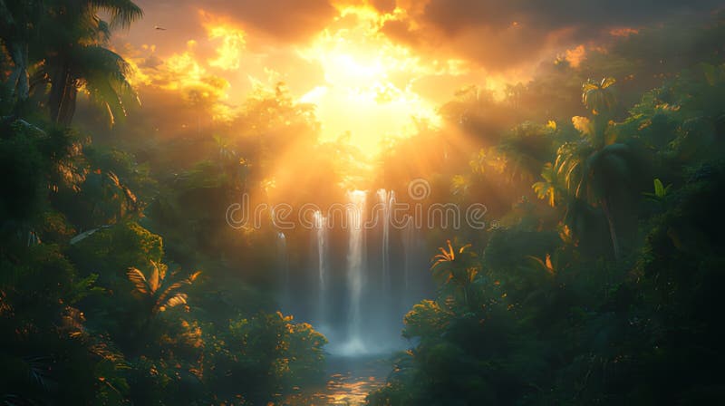 Tropical Waterfall at Sunset, Sun Rays Shining through Lush Jungle ...