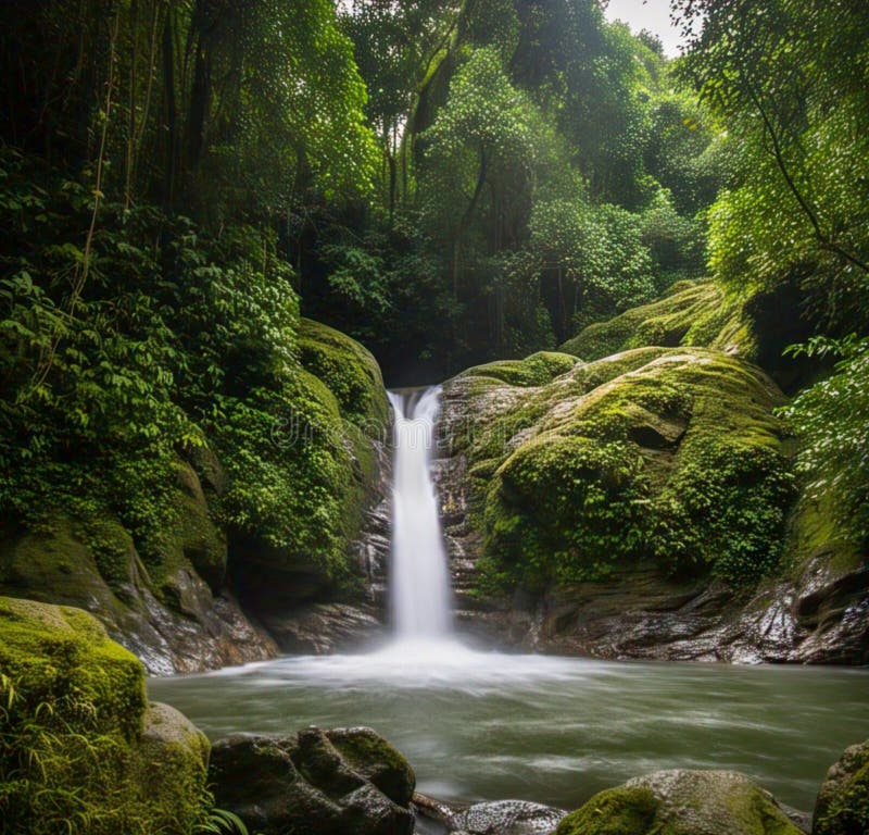 Tropical Waterfall Surrounded by Dense Rainforest Vegetation Stock ...
