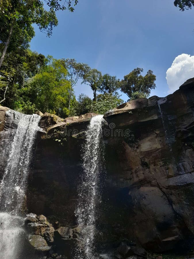 Tropical Waterfall Under a Blue Sky Stock Image - Image of nature, blue ...