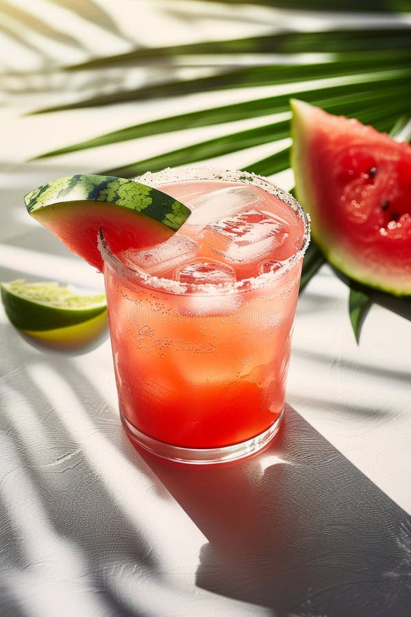 Tropical Watermelon Cocktail with Palm Leaf Stock Photo - Image of ...