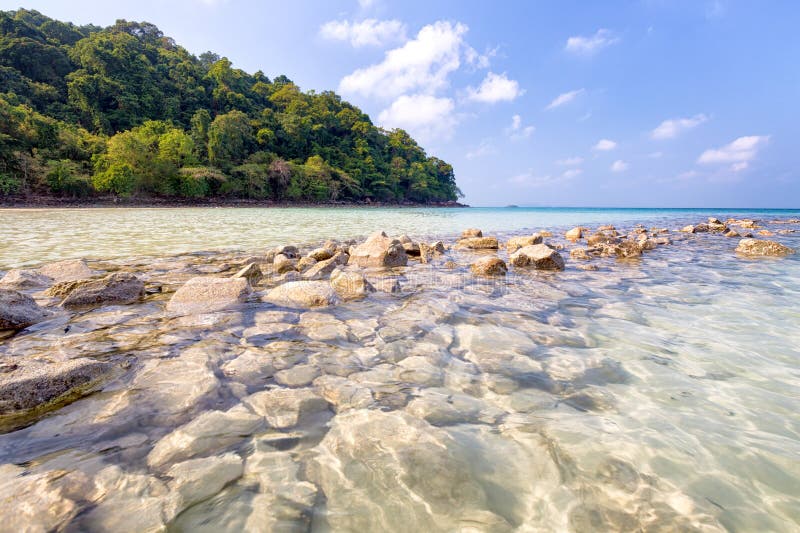 Tropical White Beach and Rock with Blue Sky. Stock Image - Image of ...