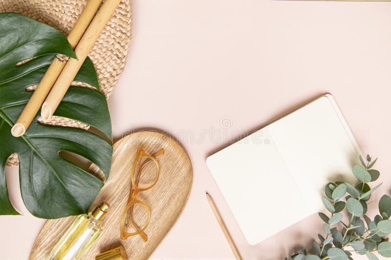 Tropical Workspace Concept. Notepad and Tropical Palm Leaves. Mockup ...