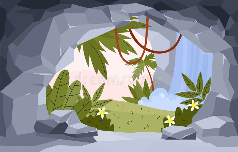 Tropics Jungle Landscape with a Waterfall, View from Inside the Cave ...