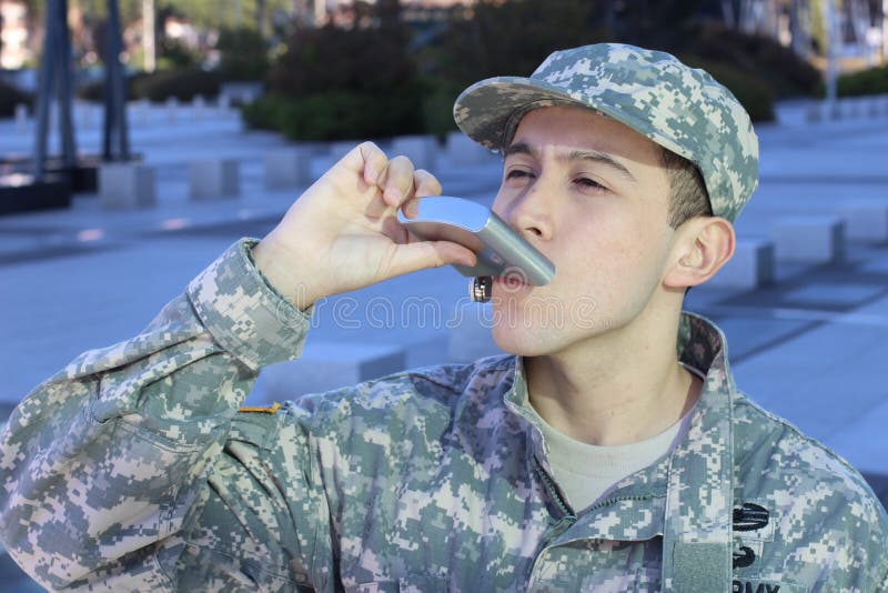 Troubled Soldier Drinking from Flask Stock Photo - Image of health ...