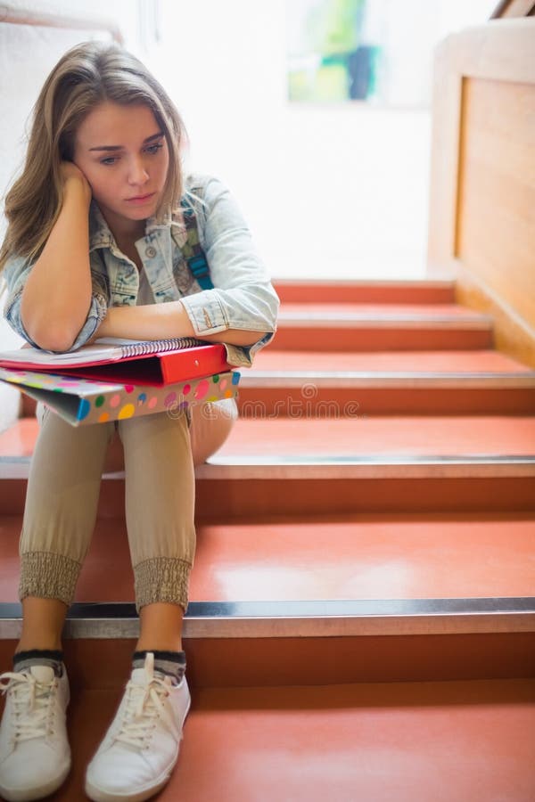 Troubled Student Sitting on Stairs Stock Image - Image of folder, view ...