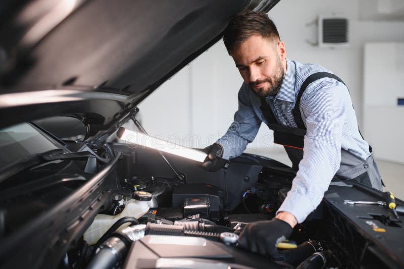 Troubleshooting Process. Auto Mechanic Working in Garage Stock Image ...
