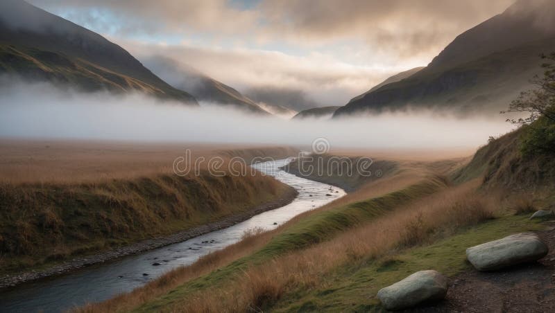 A Trough Valley with Dense Fog and a River Disappearing into the Mist ...