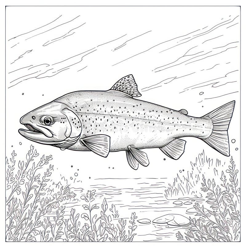 Trout Fish Drawing Coloring Book Page Stock Illustration - Illustration ...