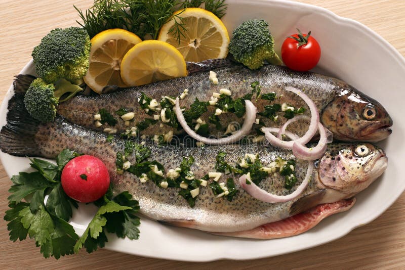 Trout fish with salad stock photo. Image of seafood, fresh - 53780596