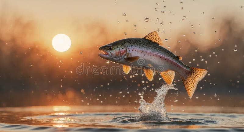 Trout Leaping from Water at Sunset with Splashing Droplets Stock Photo ...