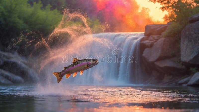 Trout Leaping Waterfall Sunset River Splash. Stock Image - Image of ...