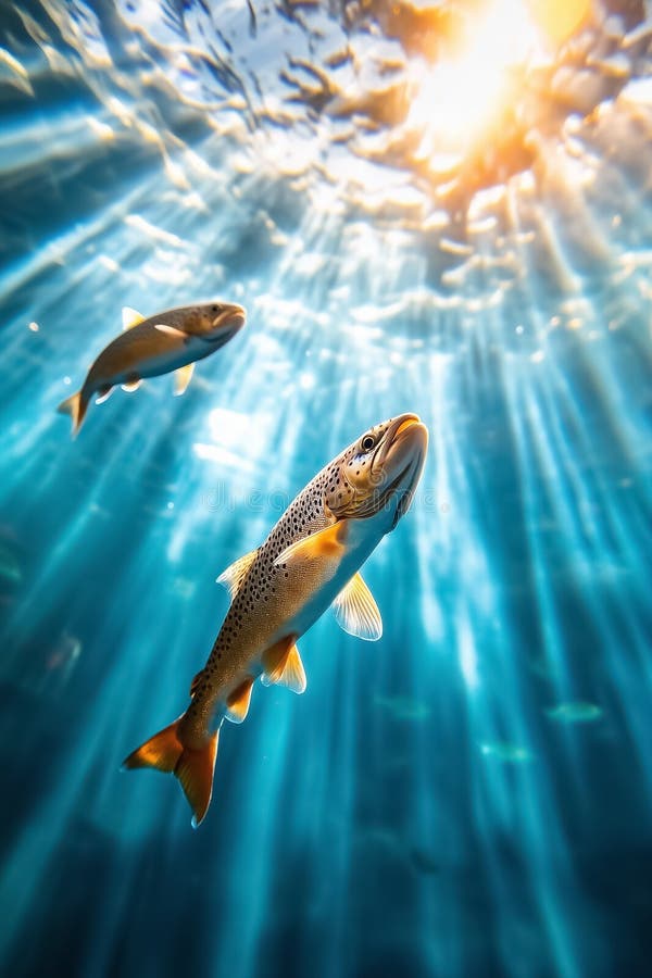 Trout Swimming in Clear Blue Water Illuminated by Sunlight. Underwater ...