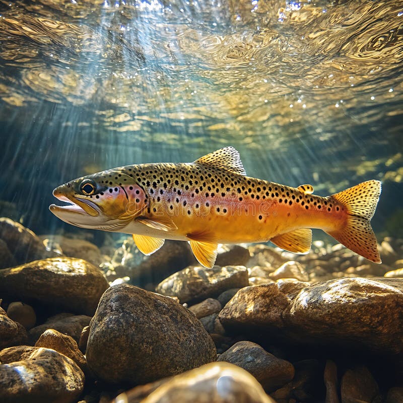 A Trout Swims among the Rocks and Sunlight Underwater Stock Image ...
