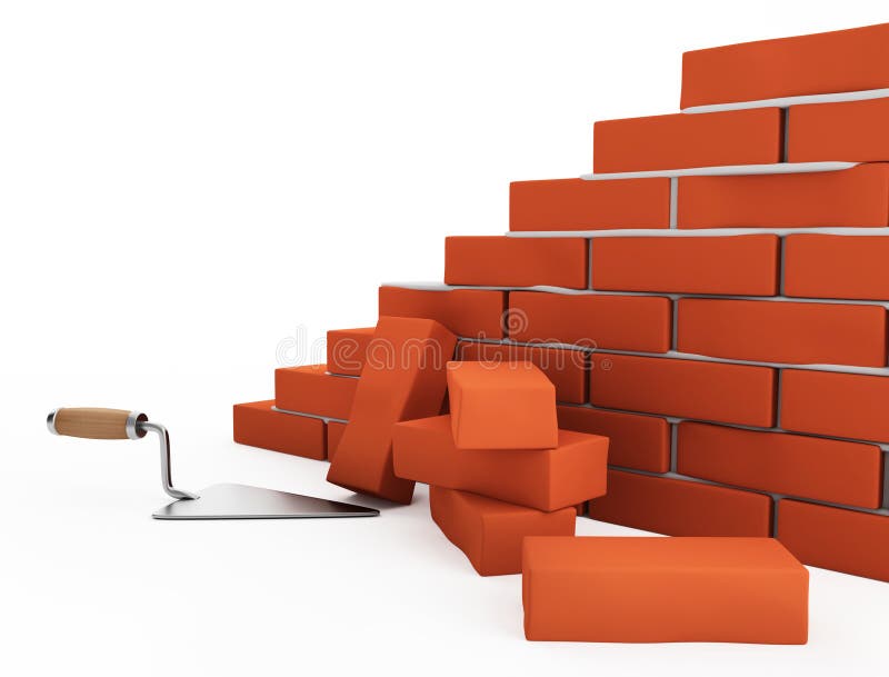 Trowel and Bricks Wall 3D. Work Place Stock Illustration - Illustration ...